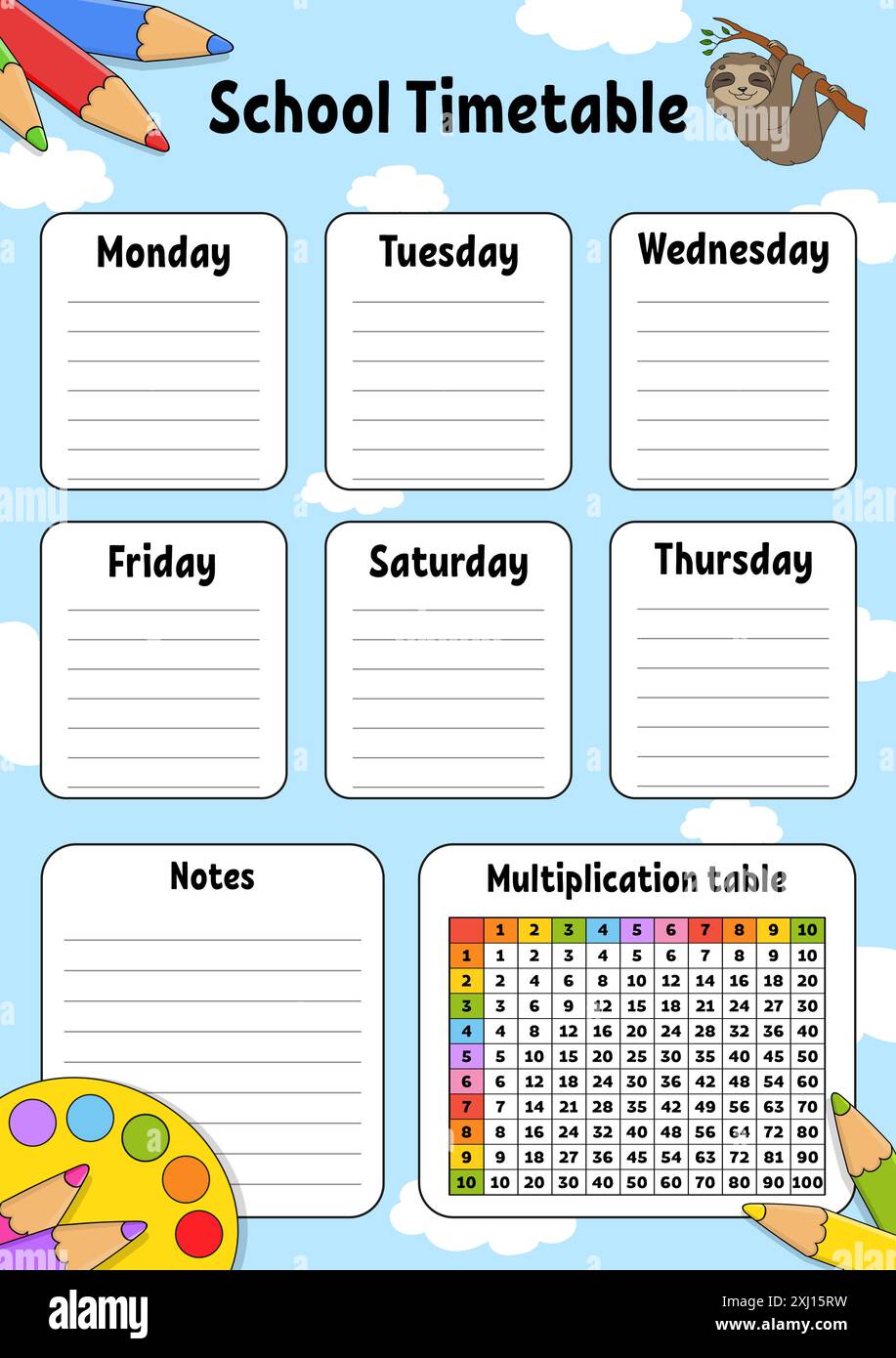 School timetable with multiplication table. For the education of ...