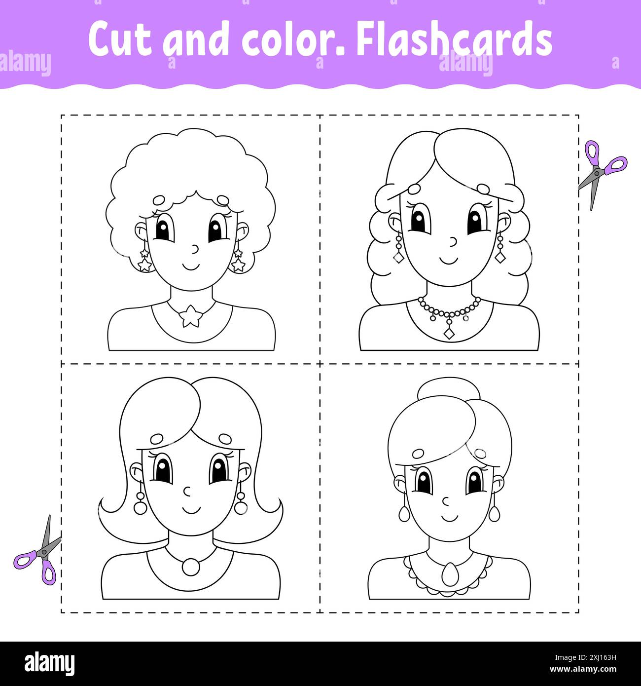 Cut and color. Flashcard Set. Coloring book for kids. Cute cartoon ...
