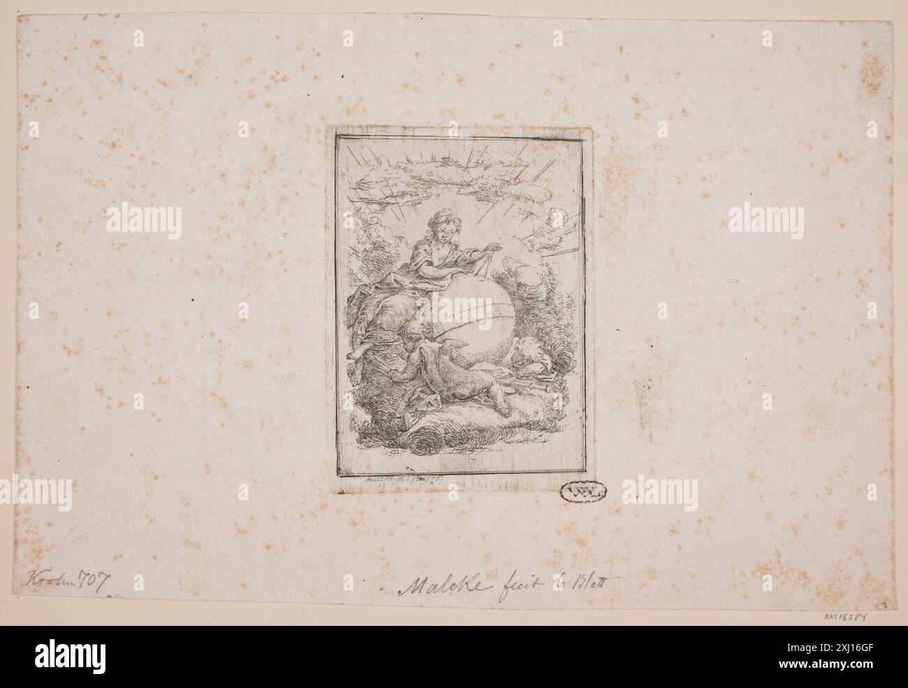 Engraving depicting Urania, the muse of astronomy, accompanied by the ...