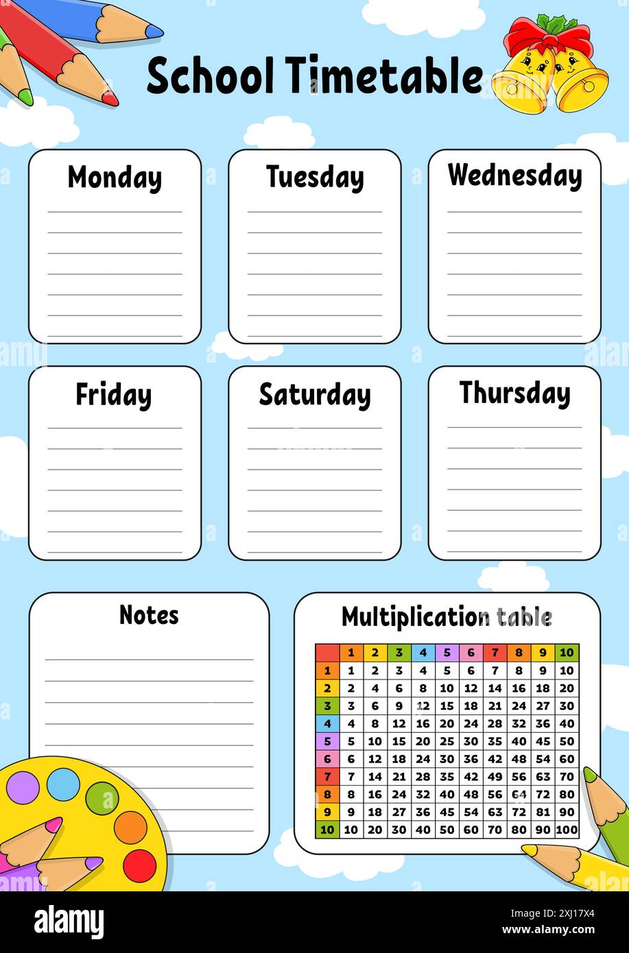 School timetable. For the education of children. Isolated on color ...