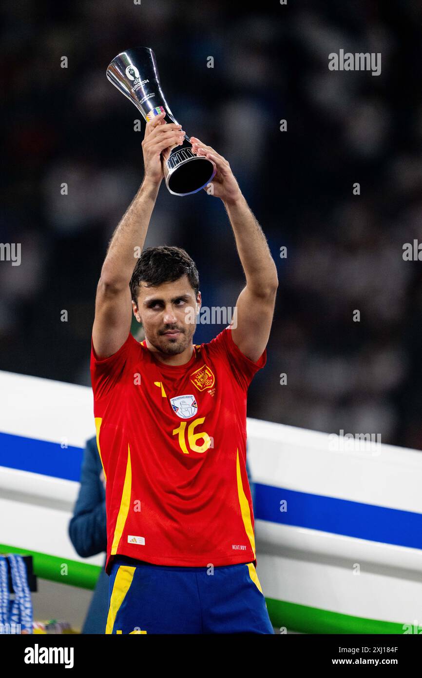 BERLIN, GERMANY - JULY 14: Rodri with a trophy during the UEFA EURO ...