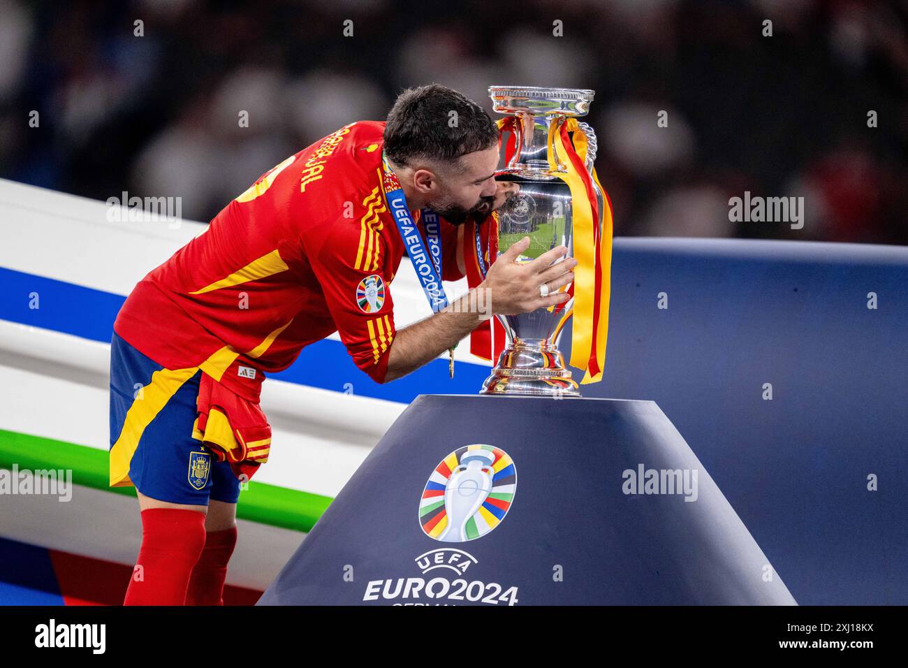 BERLIN, GERMANY - JULY 14: Dani Carvajal of Spain kisses the trophy ... BERLIN, GERMANY - JULY 14: Dani Carvajal of Spain kisses the trophy ...