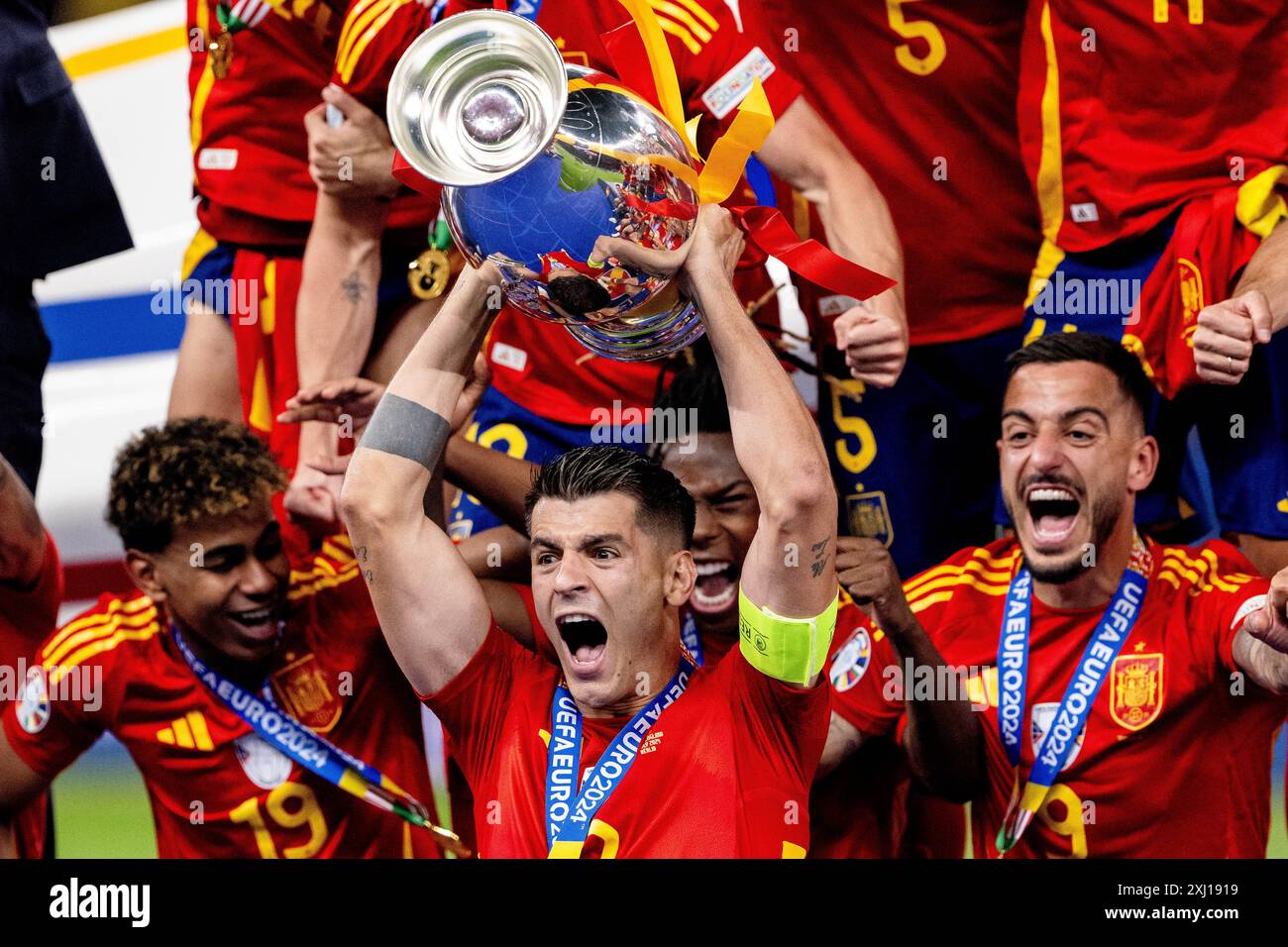 BERLIN, GERMANY - JULY 14: Alvaro Morata celebrate lifts the trophy ...