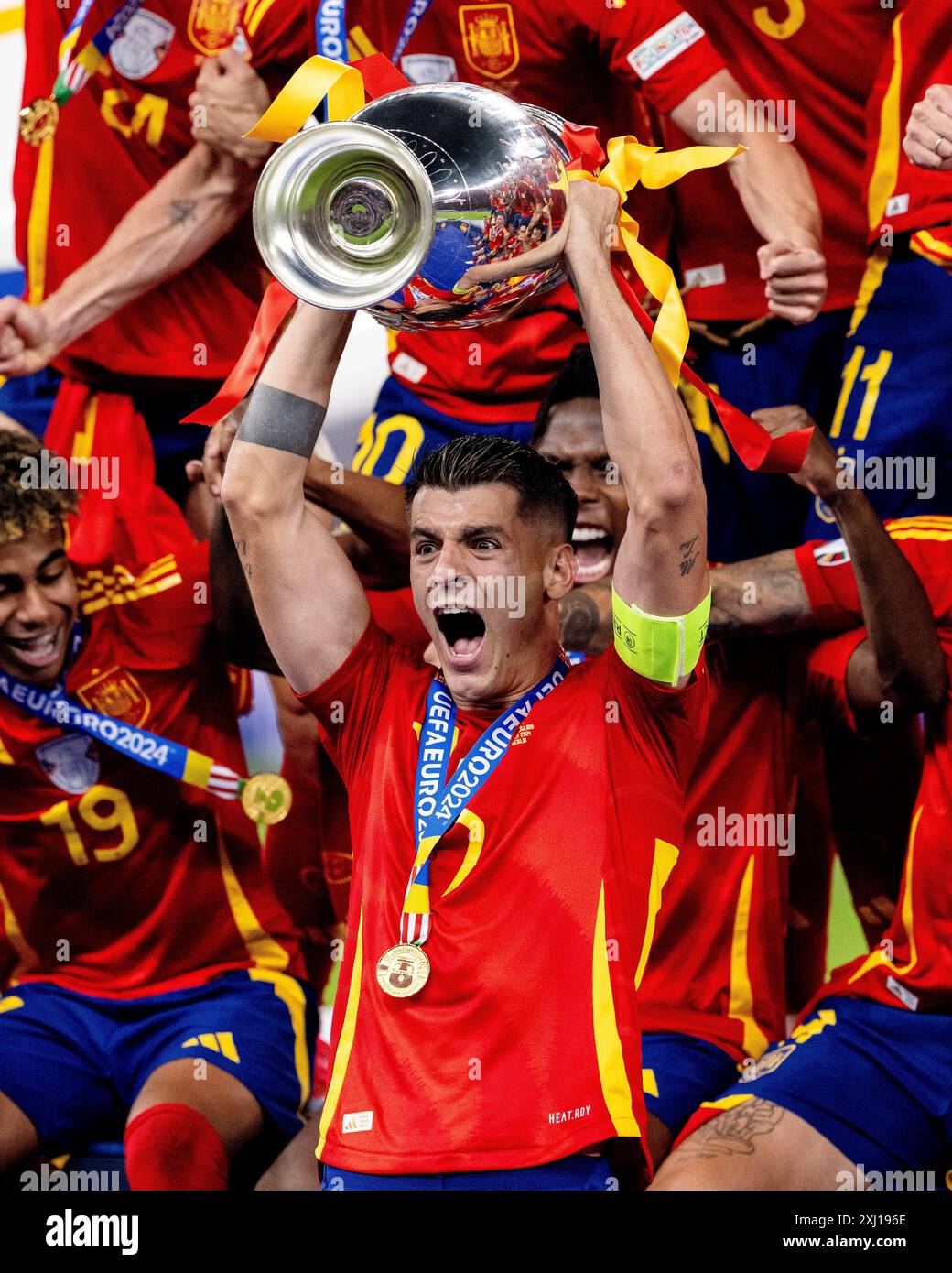 BERLIN, GERMANY - JULY 14: Alvaro Morata celebrate lifts the trophy ...
