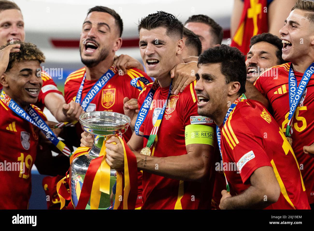 BERLIN, GERMANY - JULY 14: Alvaro Morata celebrate lifts the trophy ...