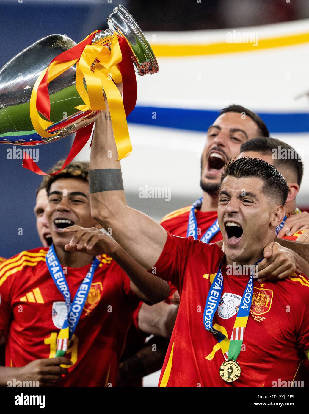 BERLIN, GERMANY - JULY 14: Alvaro Morata celebrate lifts the trophy ...