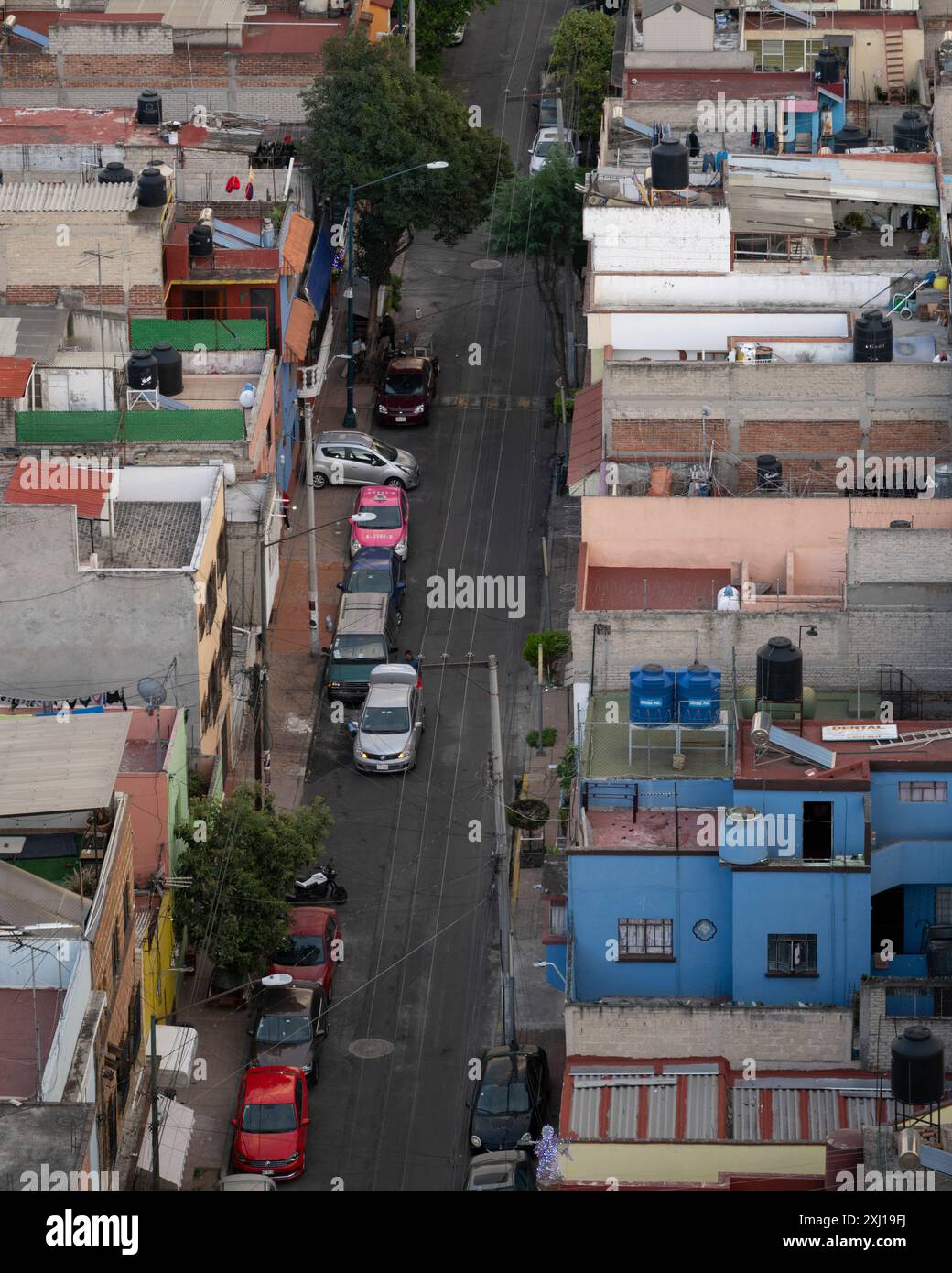 Overview of an urban street and homes in Mexico City, Miguel Hidalgo ...