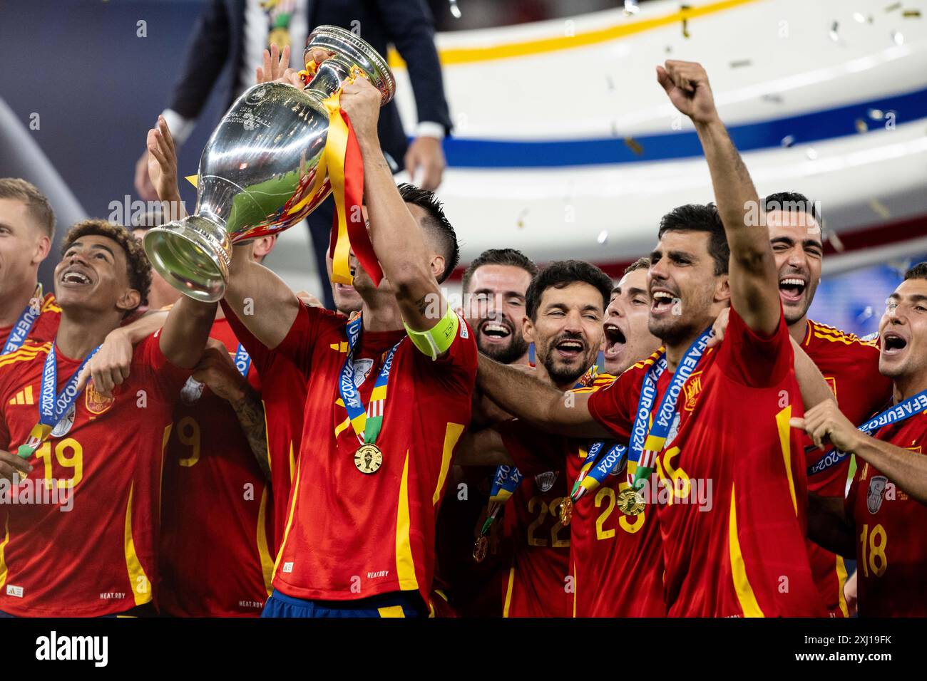 BERLIN, GERMANY - JULY 14: Alvaro Morata and Rodri celebrate lifts the ...
