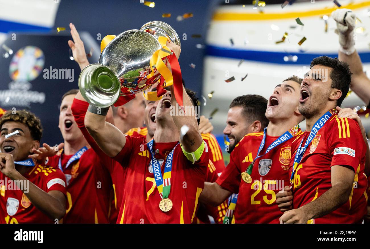 BERLIN, GERMANY - JULY 14: Alvaro Morata and Rodri celebrate lifts the ...