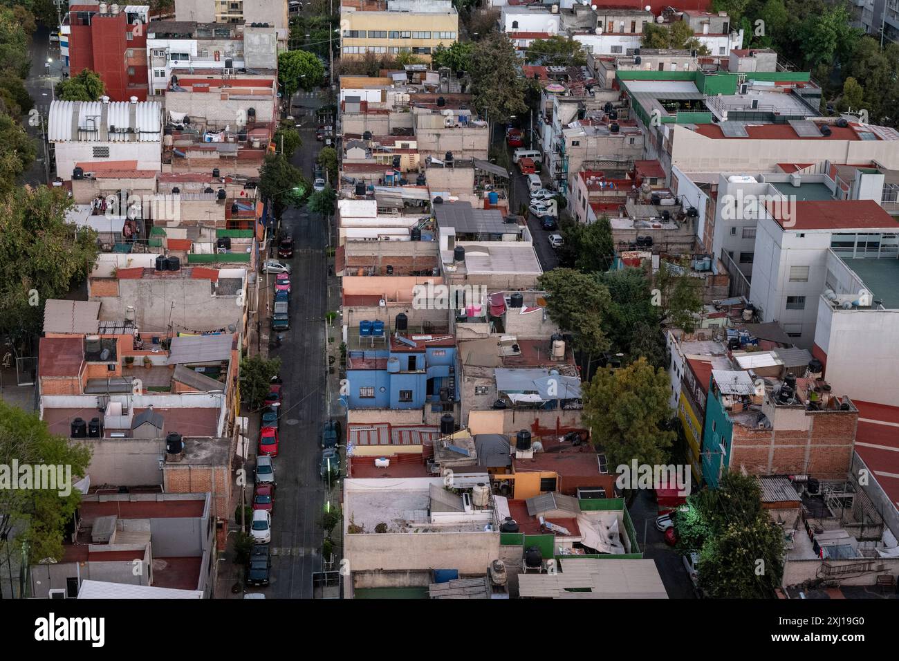 Overview of an urban street and homes in Mexico City, Miguel Hidalgo ...