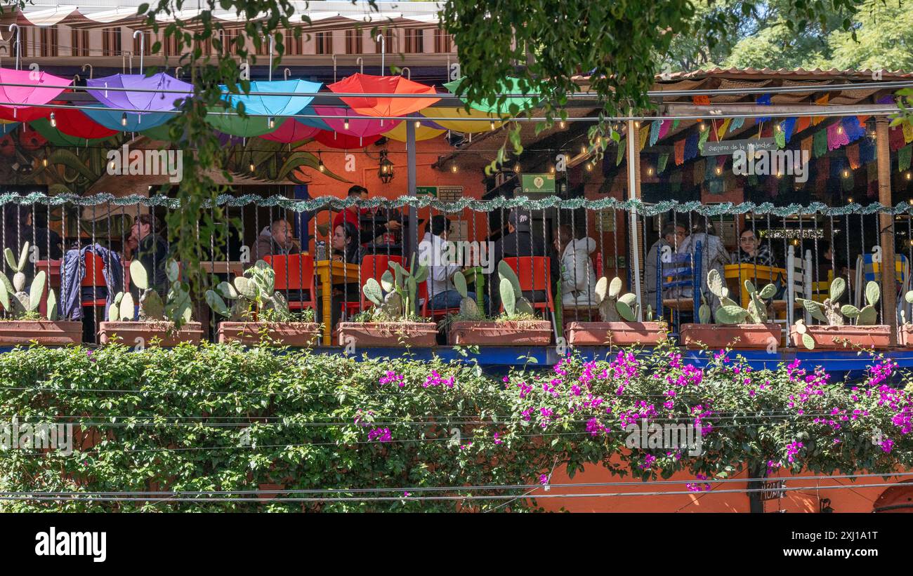 People gathered in an outdoor restaurant in Coyoacan that was the site ...