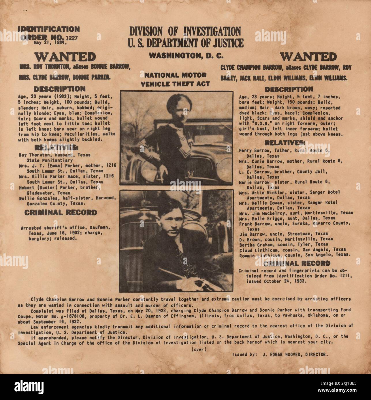 Wanted, Bonnie and Clyde - Bonnie Parker and Clyde Barrow - issued May ...