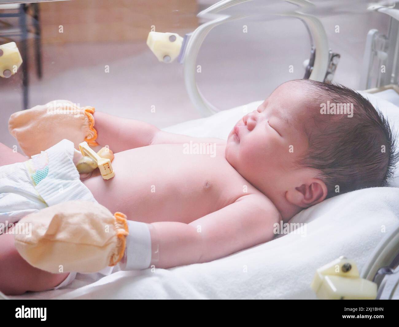 Newborn baby girl inside incubator in hospital post delivery room Stock ...