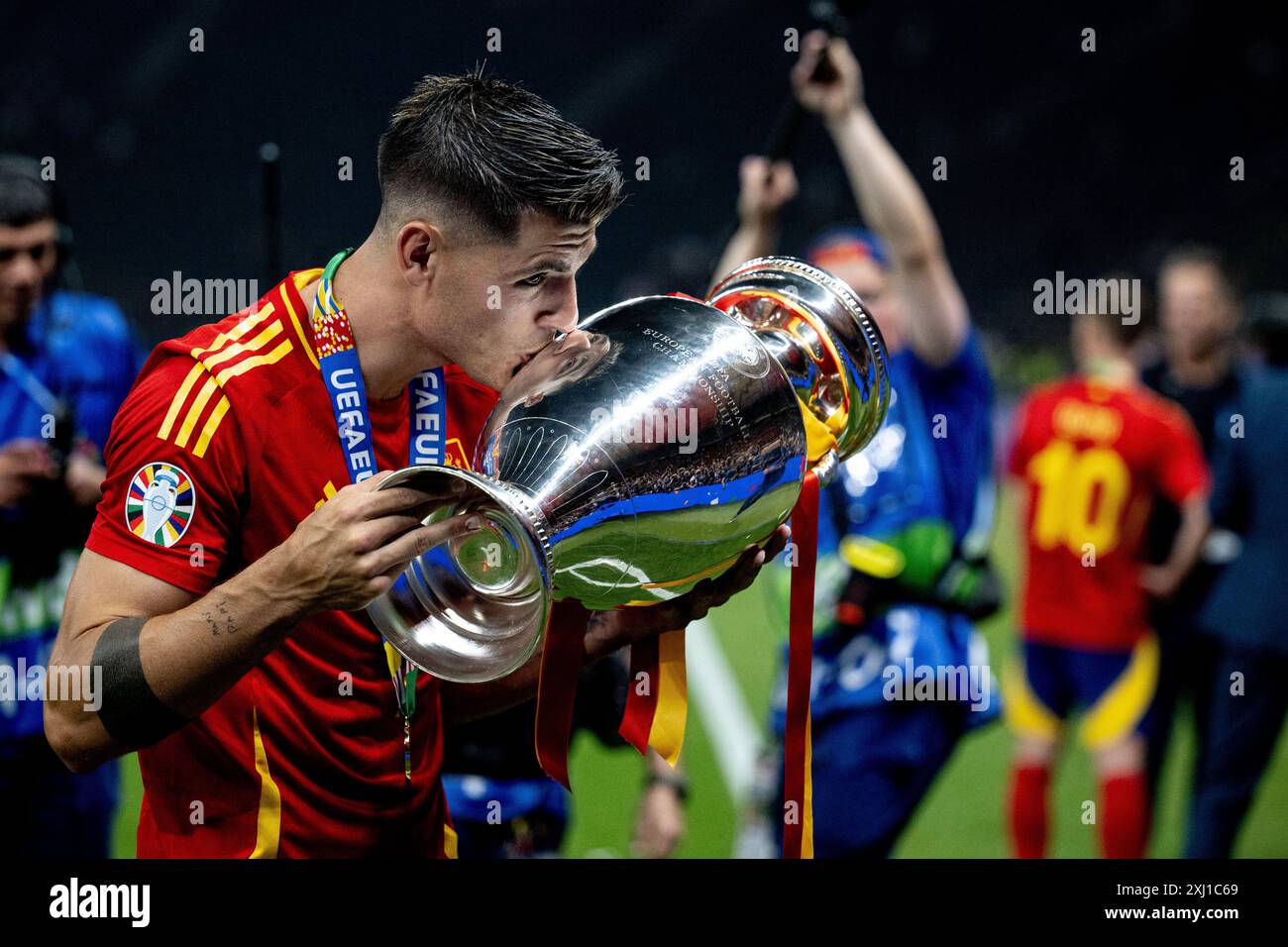 BERLIN, GERMANY - JULY 14: Alvaro Morata of Spain celebrates with a ...