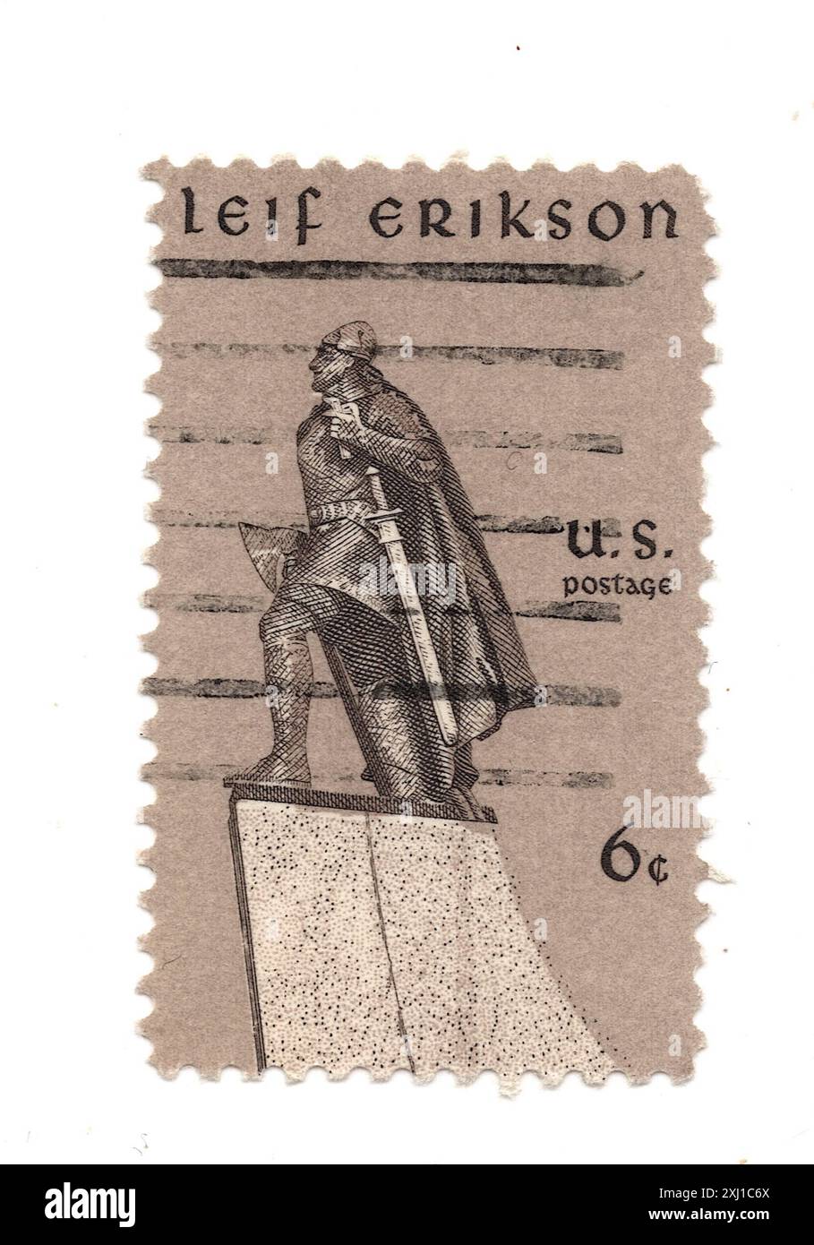 A vintage Leif Erikson postage stamp from the USA on a white background ...