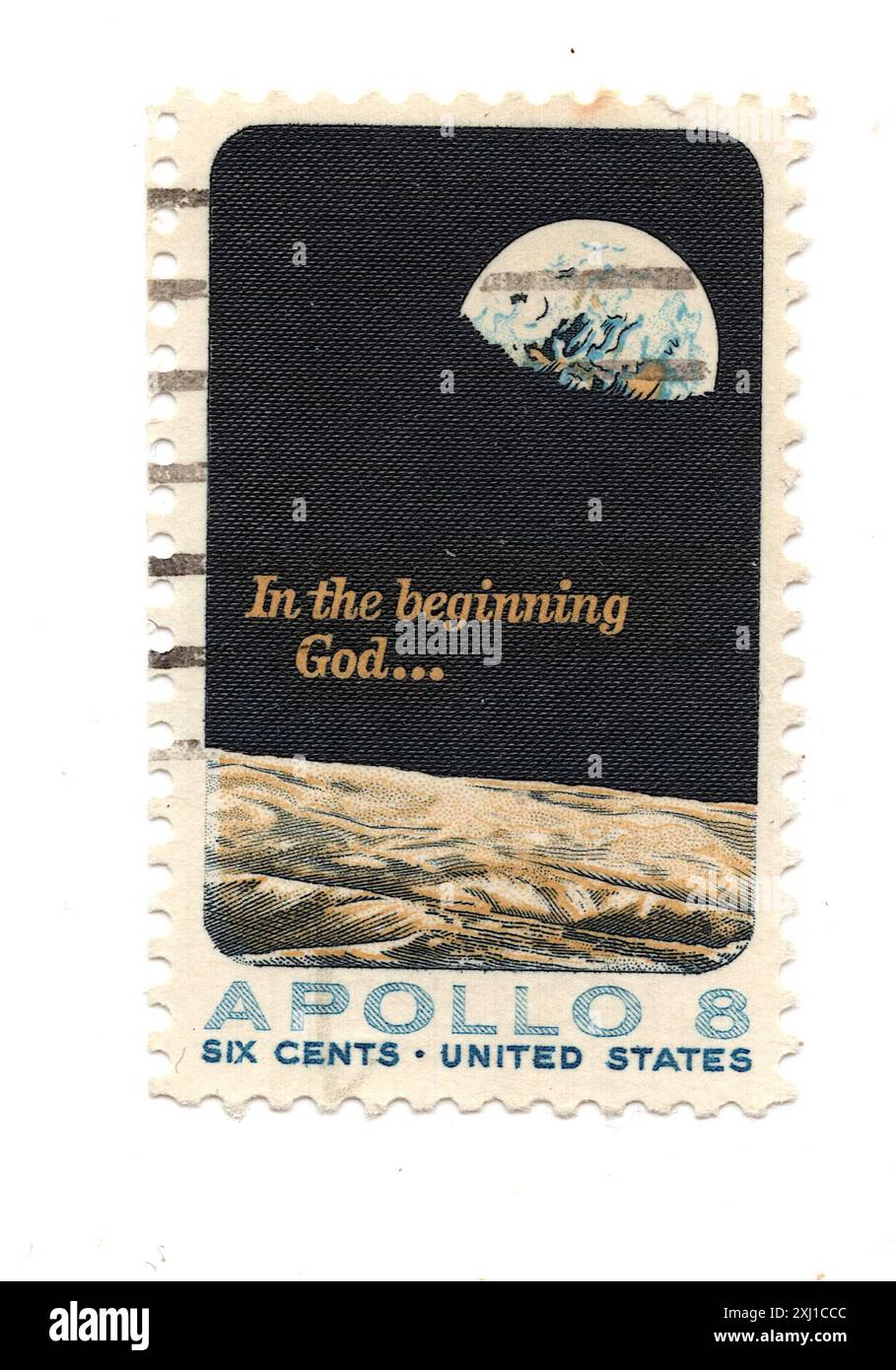 A vintage Apollo 8 postage stamp from the USA on a white background ...