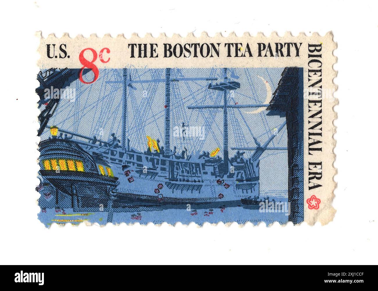 A vintage Boston Tea Party postage stamp from the USA on a white ...