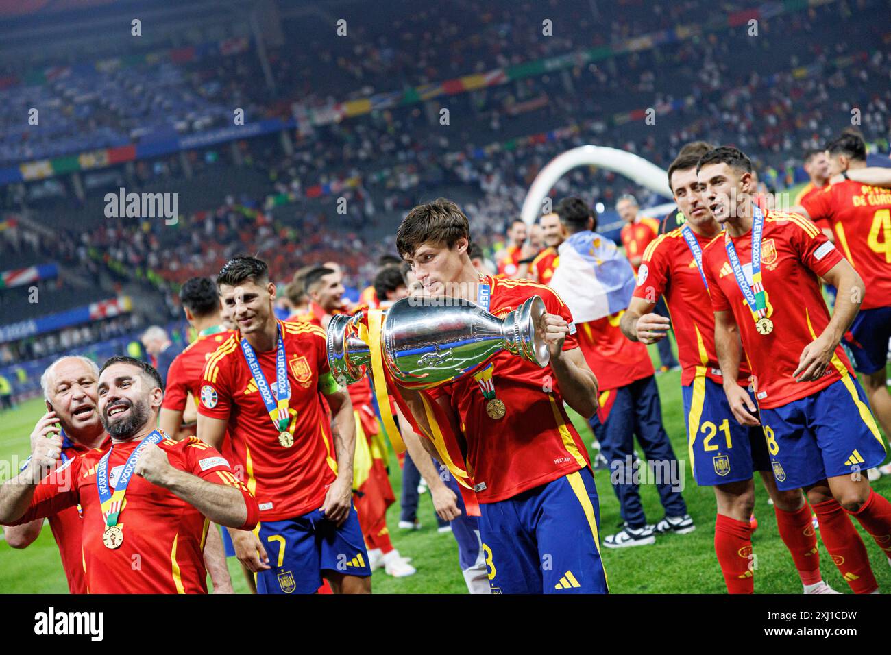 Robin Le Normand seen celebrating after winning UEFA Euro 2024 final game between national teams ...