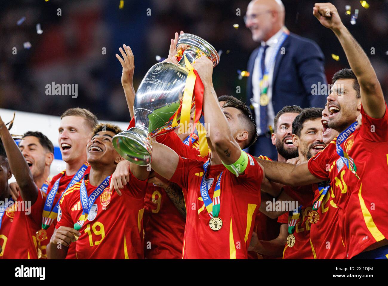 Spanish Team seen celebrating with a trophy during UEFA Euro 2024 final ...
