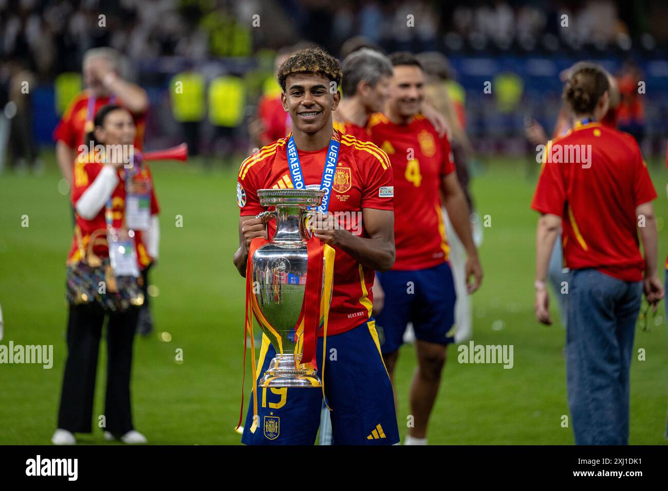 BERLIN, GERMANY - JULY 14: Lamine Yamal of Spain with a trophies during ...