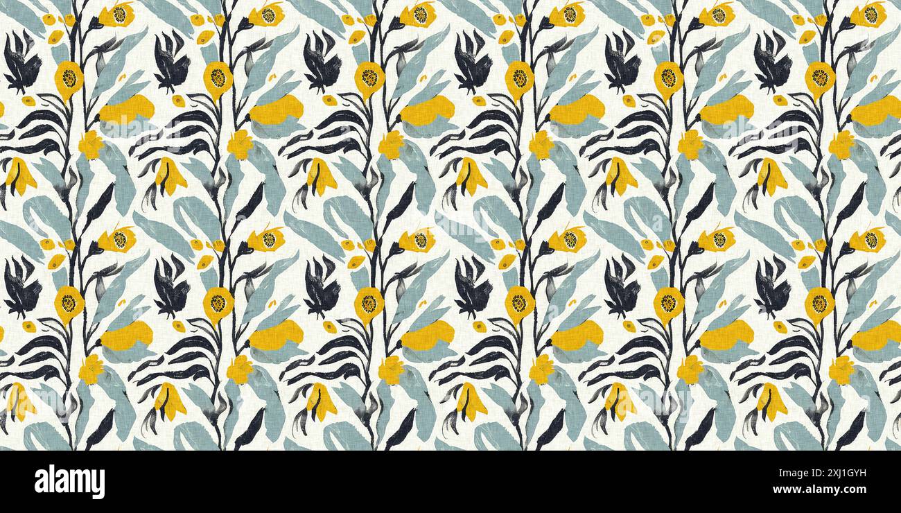 Modern printed fabric flower block print pattern with linen texture ...