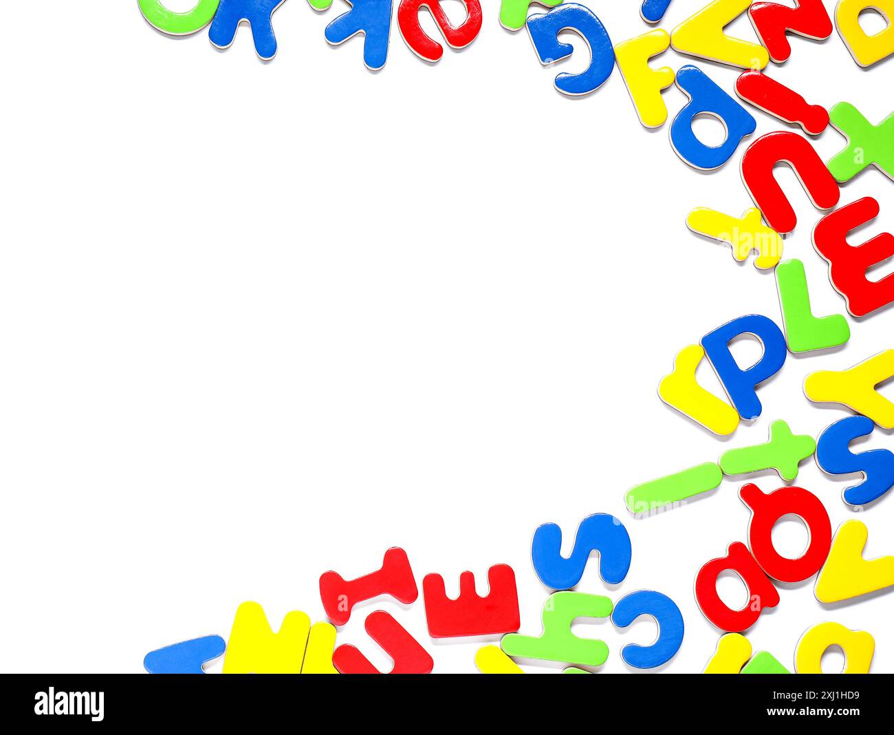 Alphabet. Many colorful magnetic letters isolated on white, top view ...