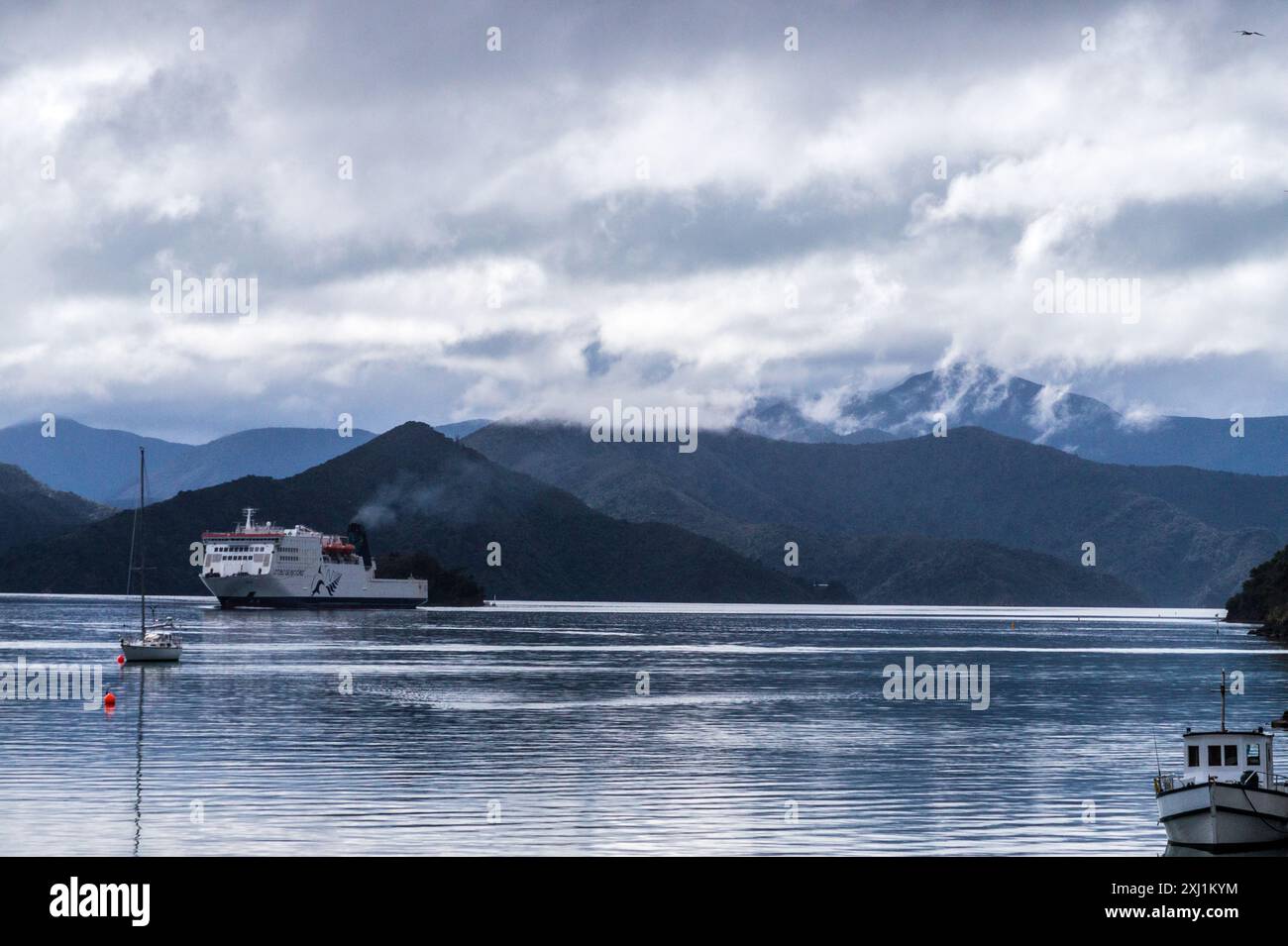 Interislander Cook Strait car ferry approaching Picton, Queen Charlotte ...