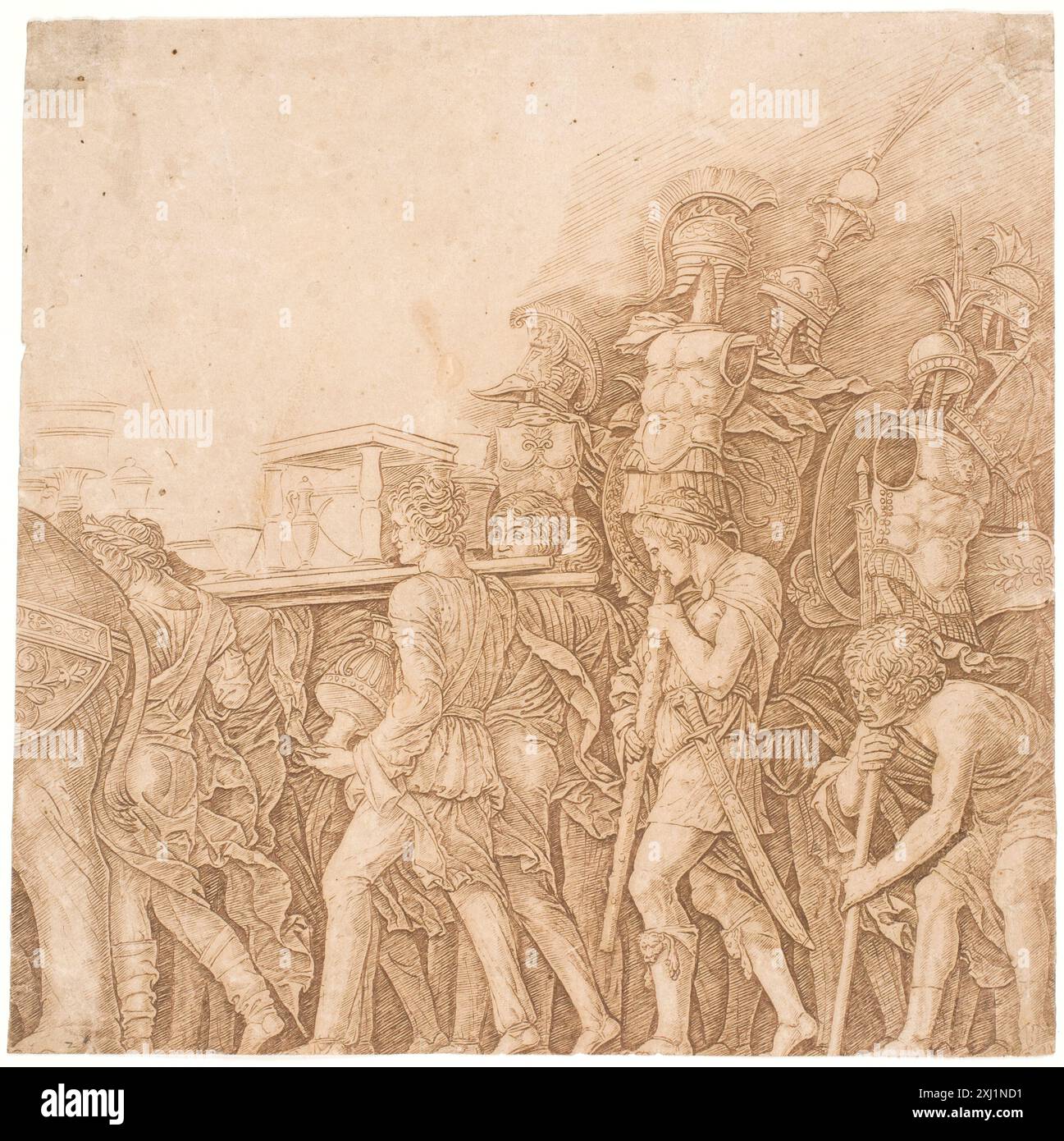Copper engraving by Andrea Mantegna (1429-1506) showing soldiers ...