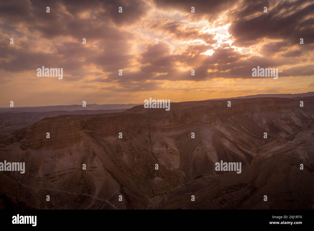 The beautiful sunset over the rock and canyon in the Judean desert ...