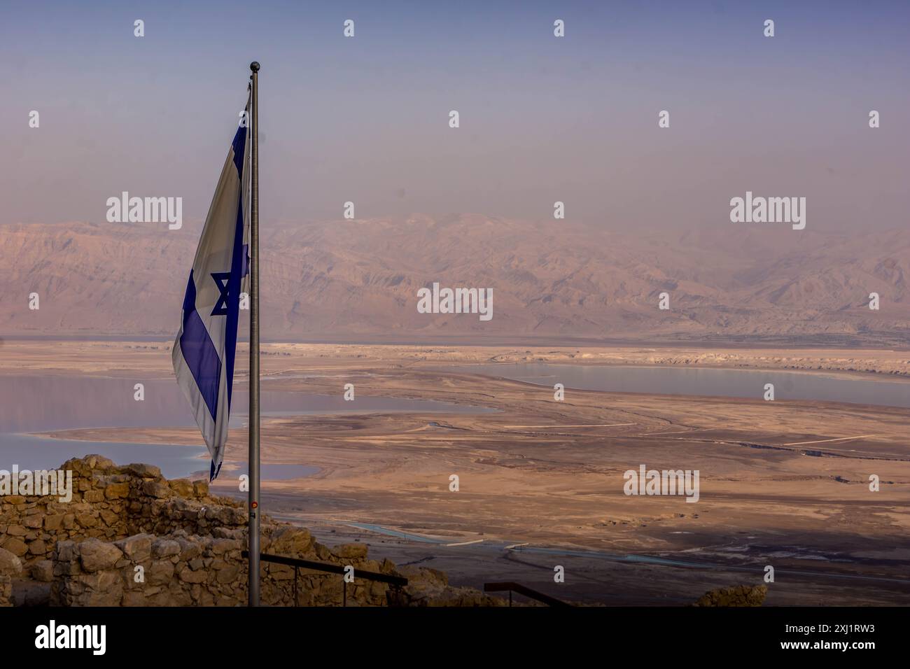 The Israeli flag and aerial view over Jordan border, Dead Sea and the ...