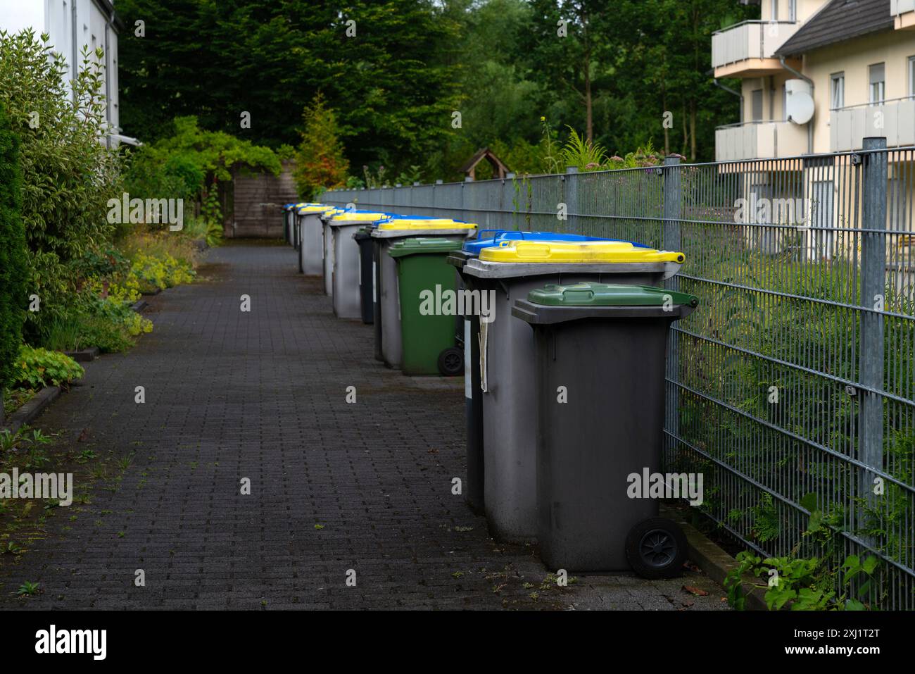 Colorful recycling bins with yellow, blue, and green lids stand in ...