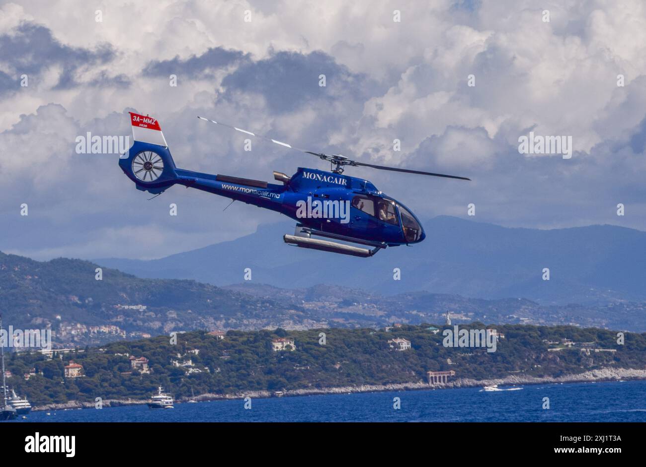 A Monacair helicopter flies above Monte Carlo, Monaco, 2019. Credit ...