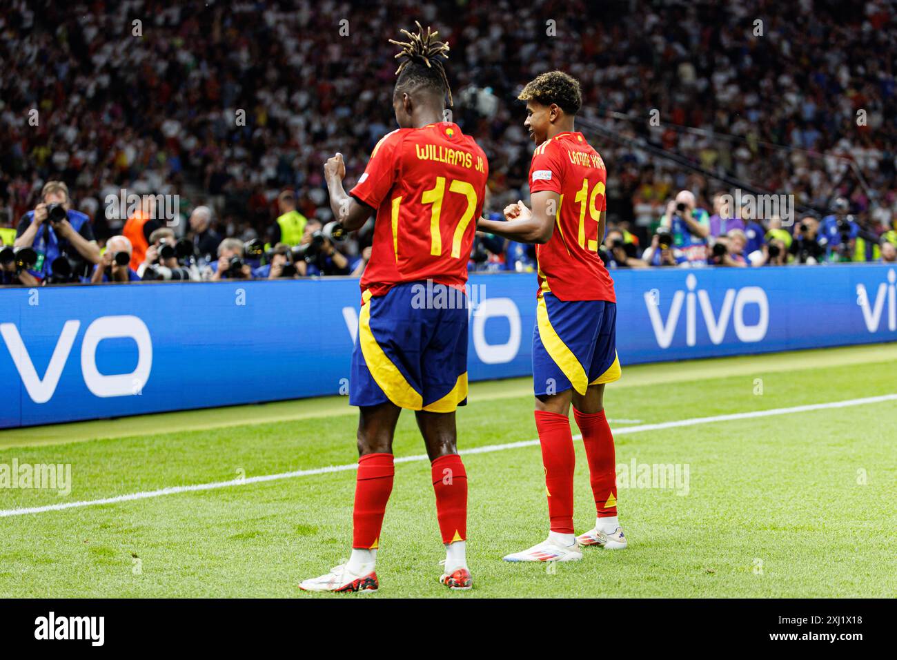 Nico Williams, Lamine Yamal seen celebrating after scoring goal during ...