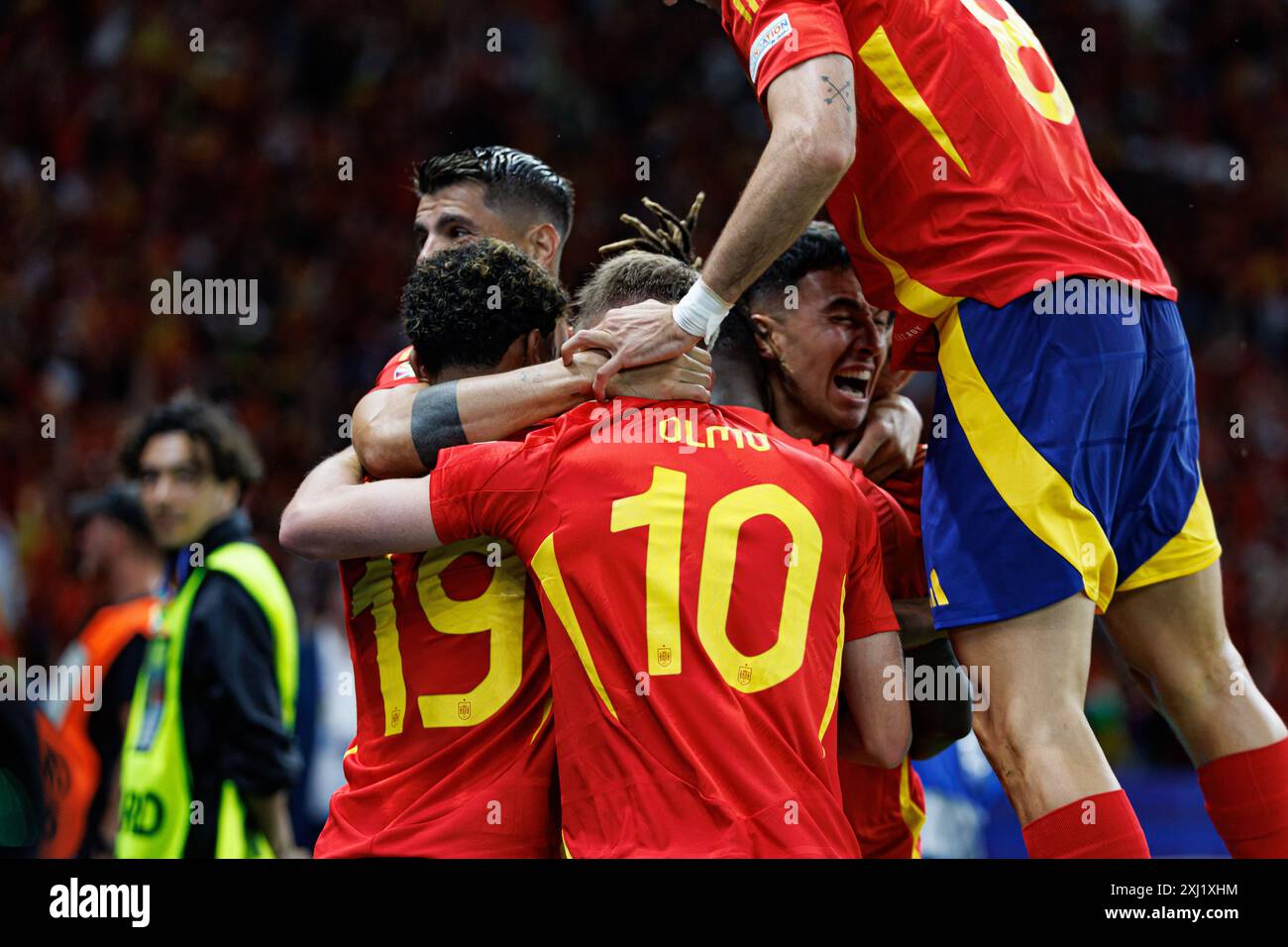 Team of Spain seen celebrating after scored goal during UEFA Euro 2024 ...