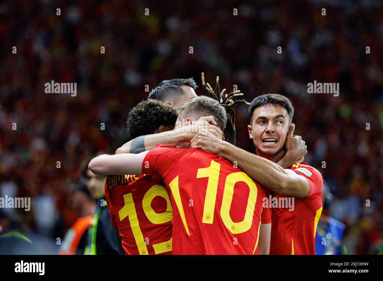 Team of Spain seen celebrating after scored goal during UEFA Euro 2024 ...