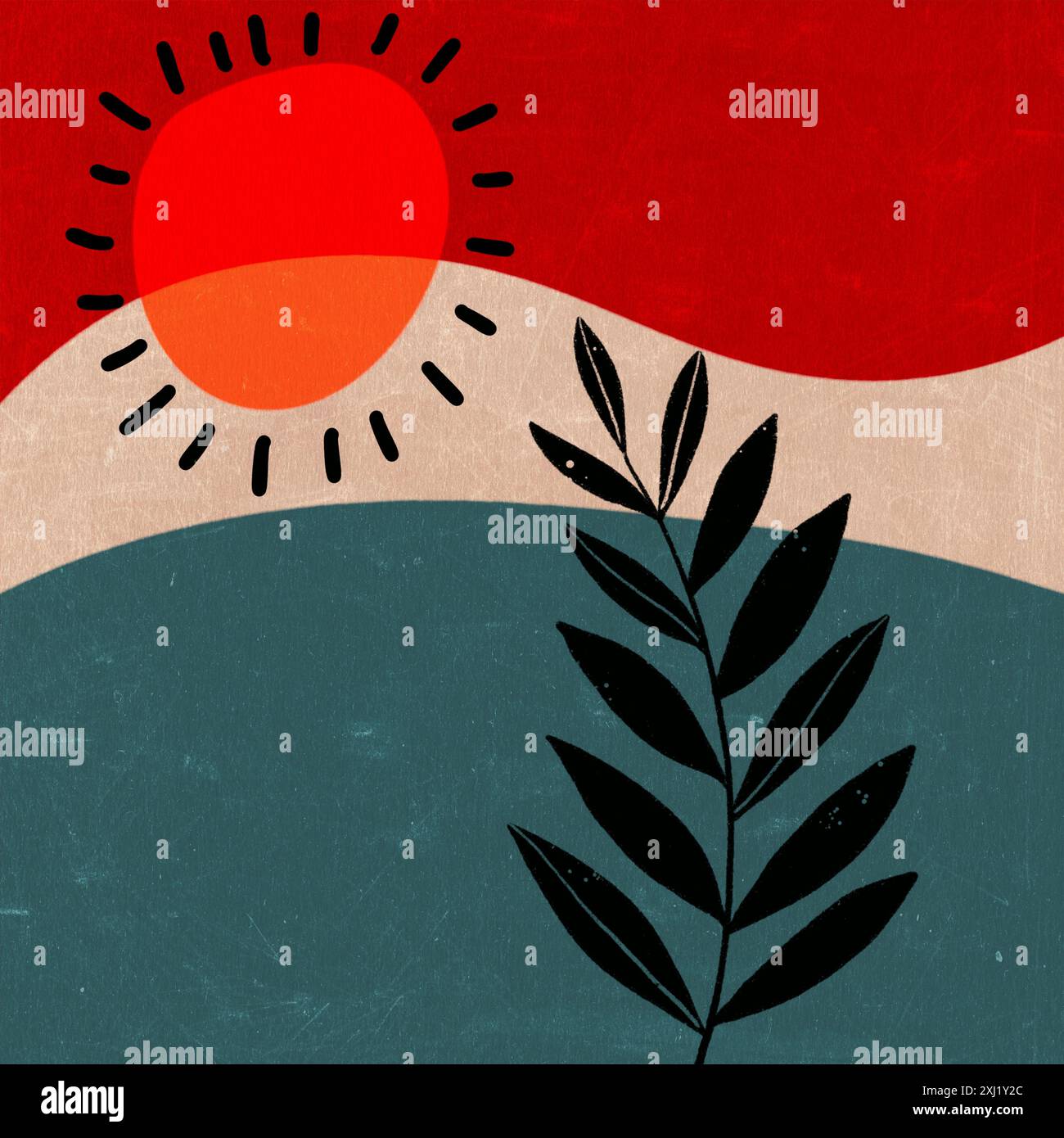 Modern minimalist abstract art featuring a sun, plant, and colorful ...