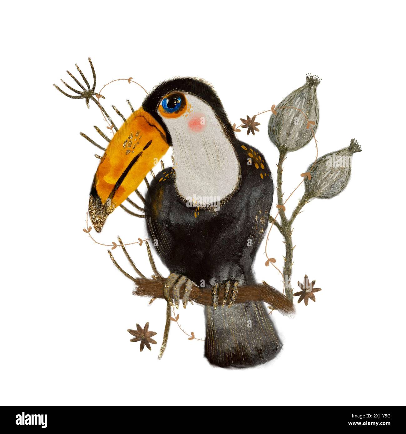 Whimsical toucan illustration featuring botanical accents and a ...