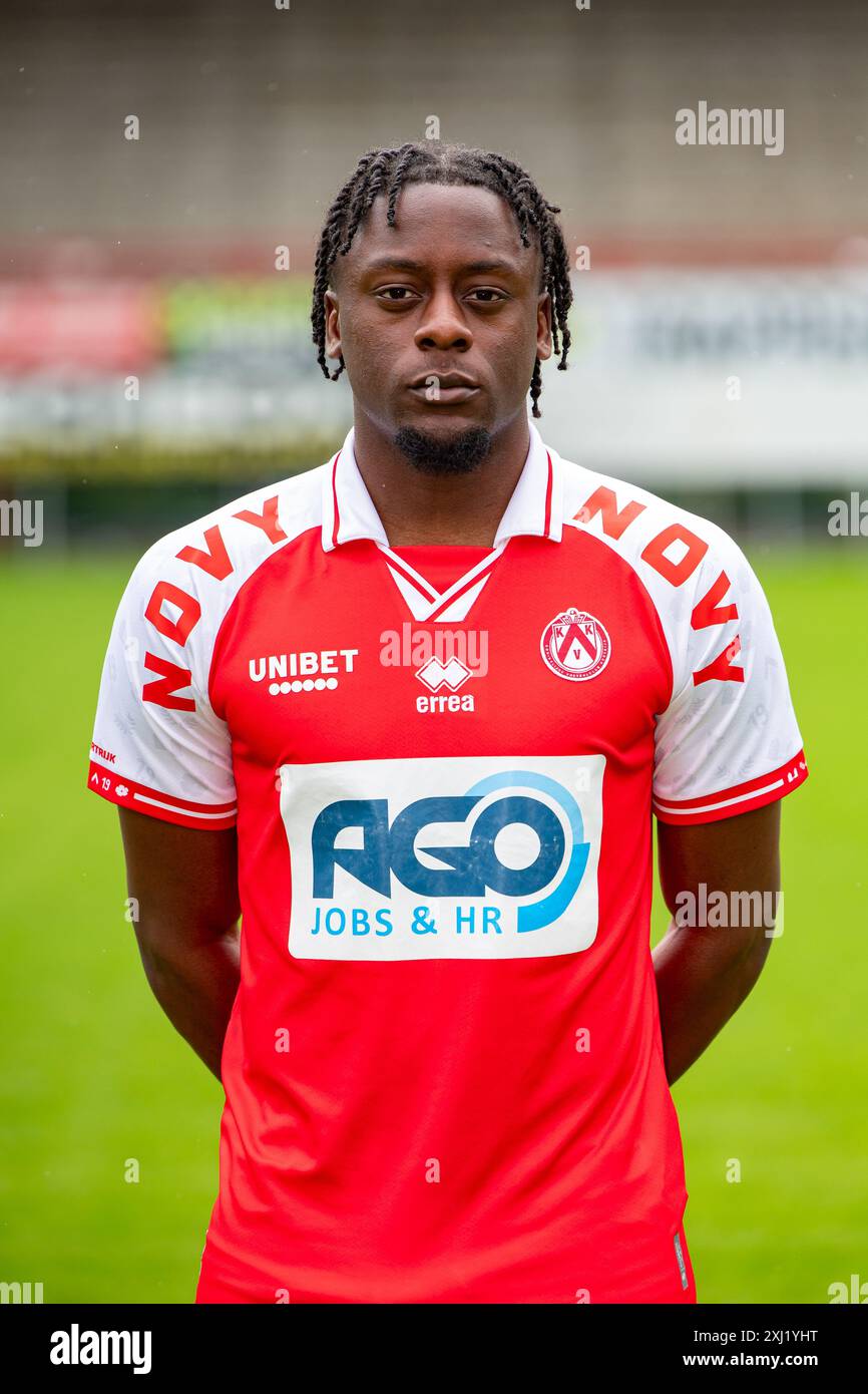 Kortrijk, Belgium. 16th July, 2024. Kortrijk's Jonathan Afolabi poses ...