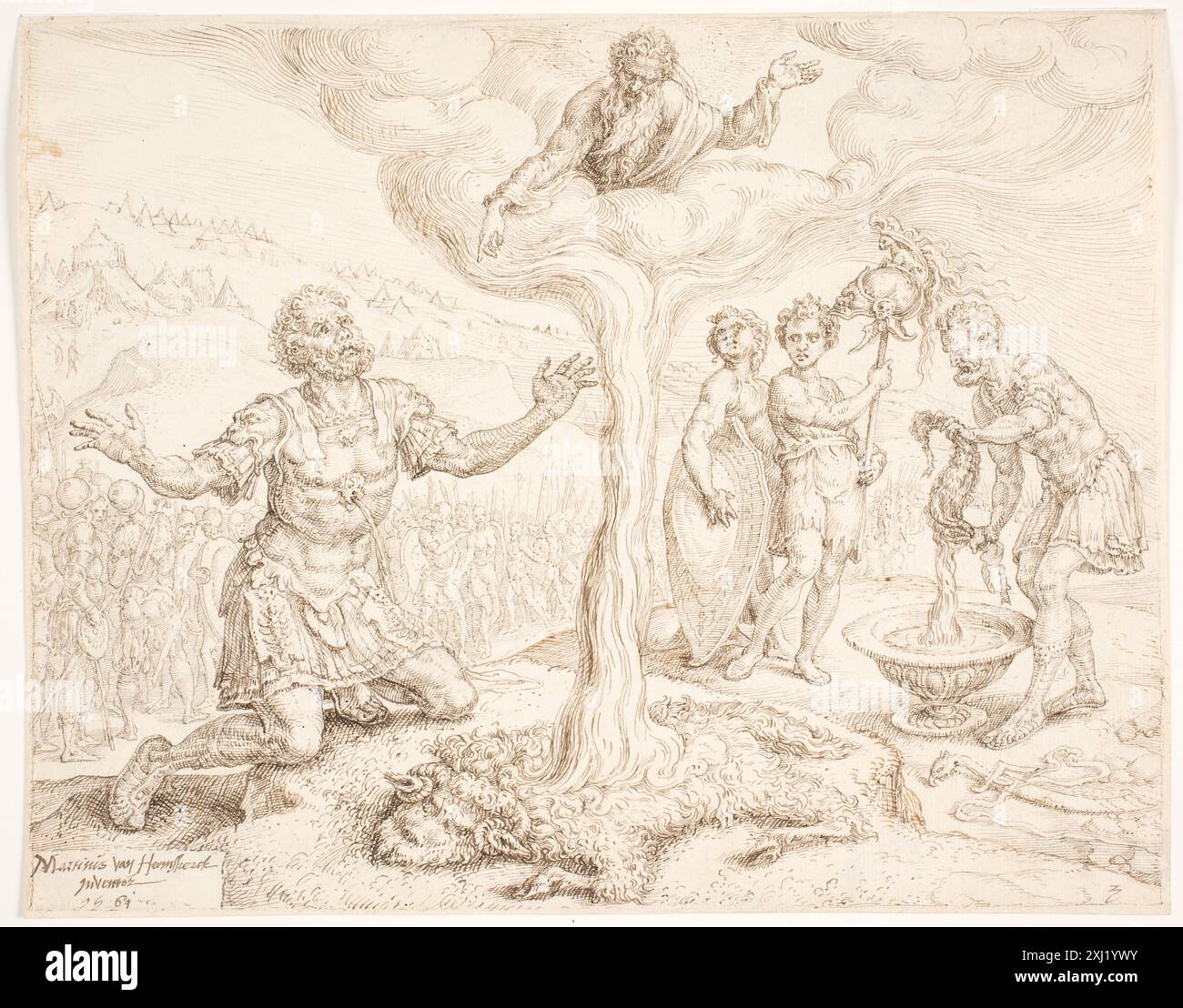 Drawing by Maarten van Heemskerck depicting Gideon kneeling before God ...