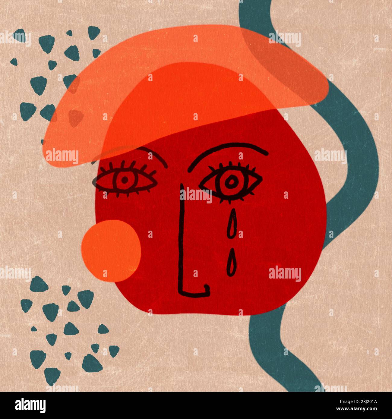 Modern abstract art featuring a red face with a tear, bold lines and ...