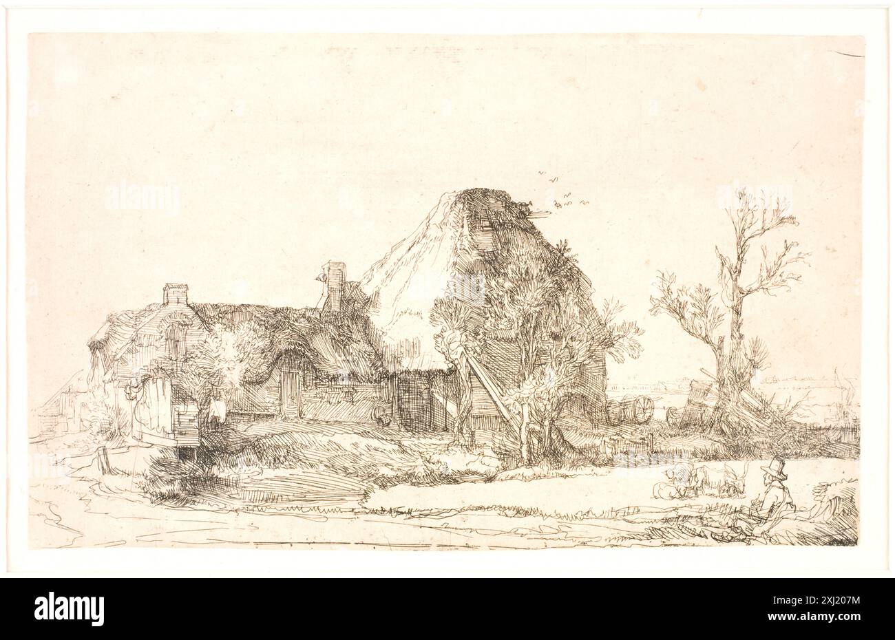 Cottage and farm buildings with a man sketching Rembrandt van Rijn 1606 ...