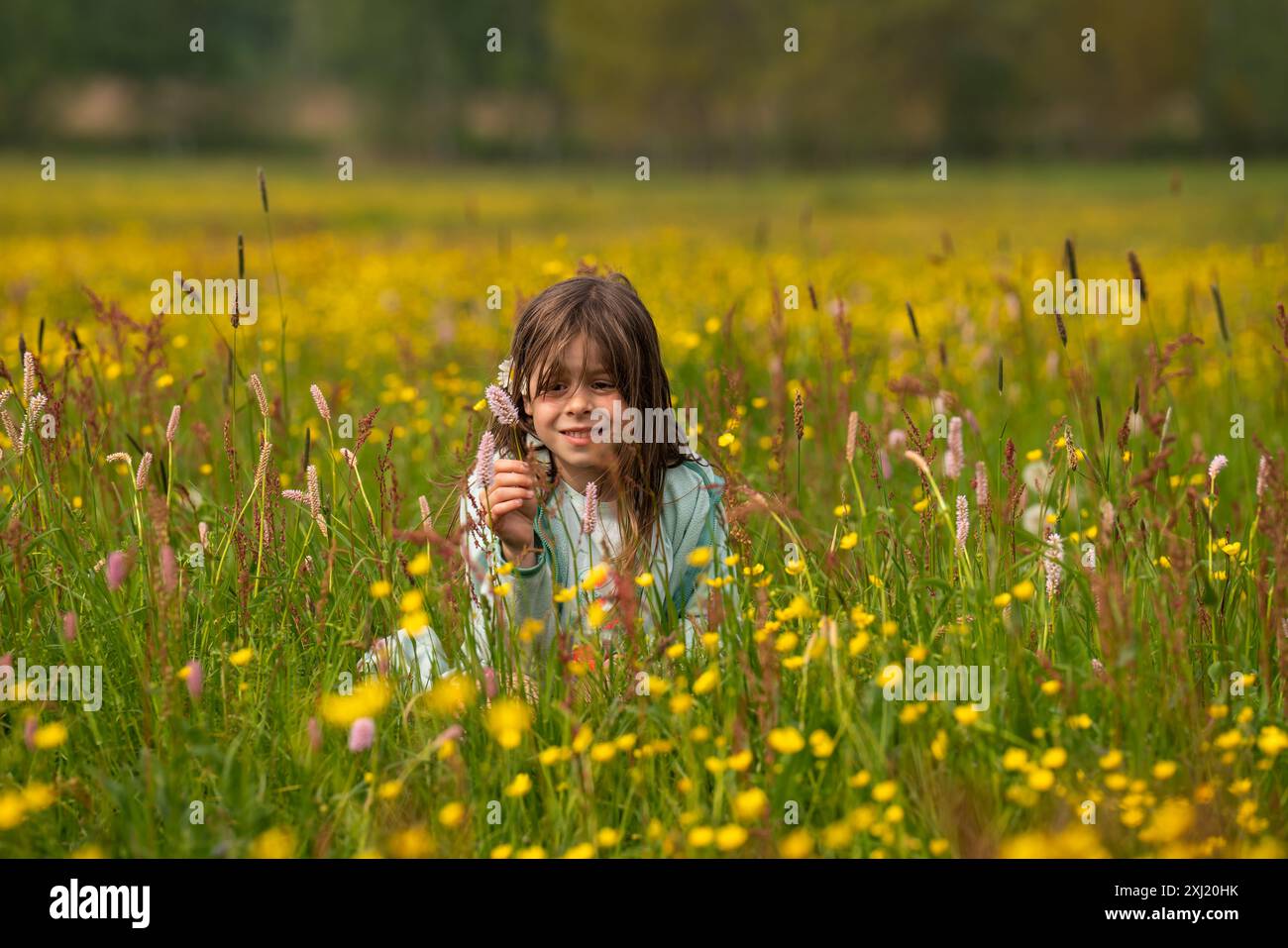Joyful little girl having fun in the field. Hiding, crouched in a ...
