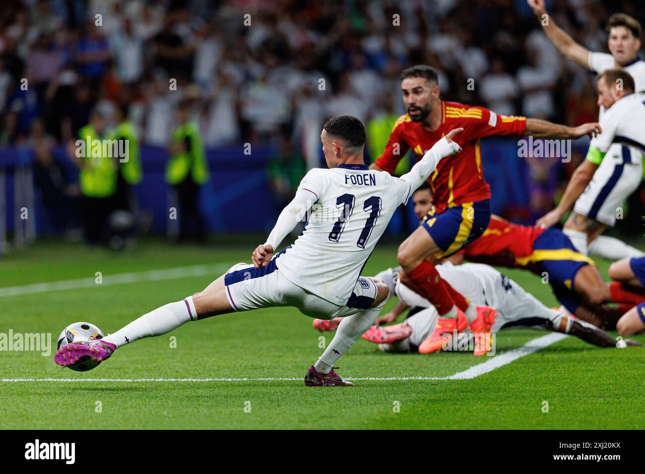 Phil Foden, Dani Carvajal seen during UEFA Euro 2024 final game between ...