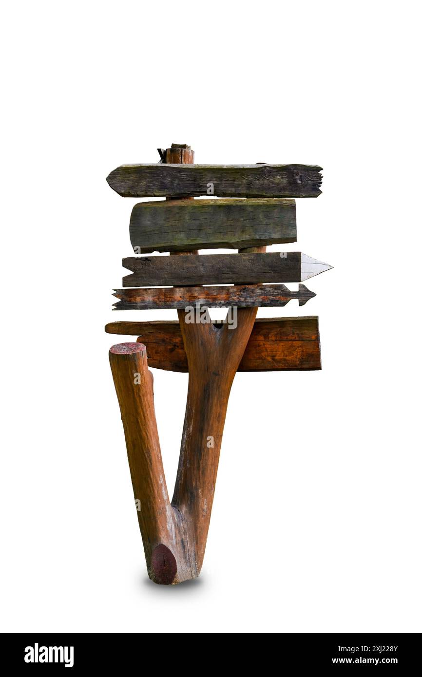 Old wooden road direction sign with isolated on white background with ...