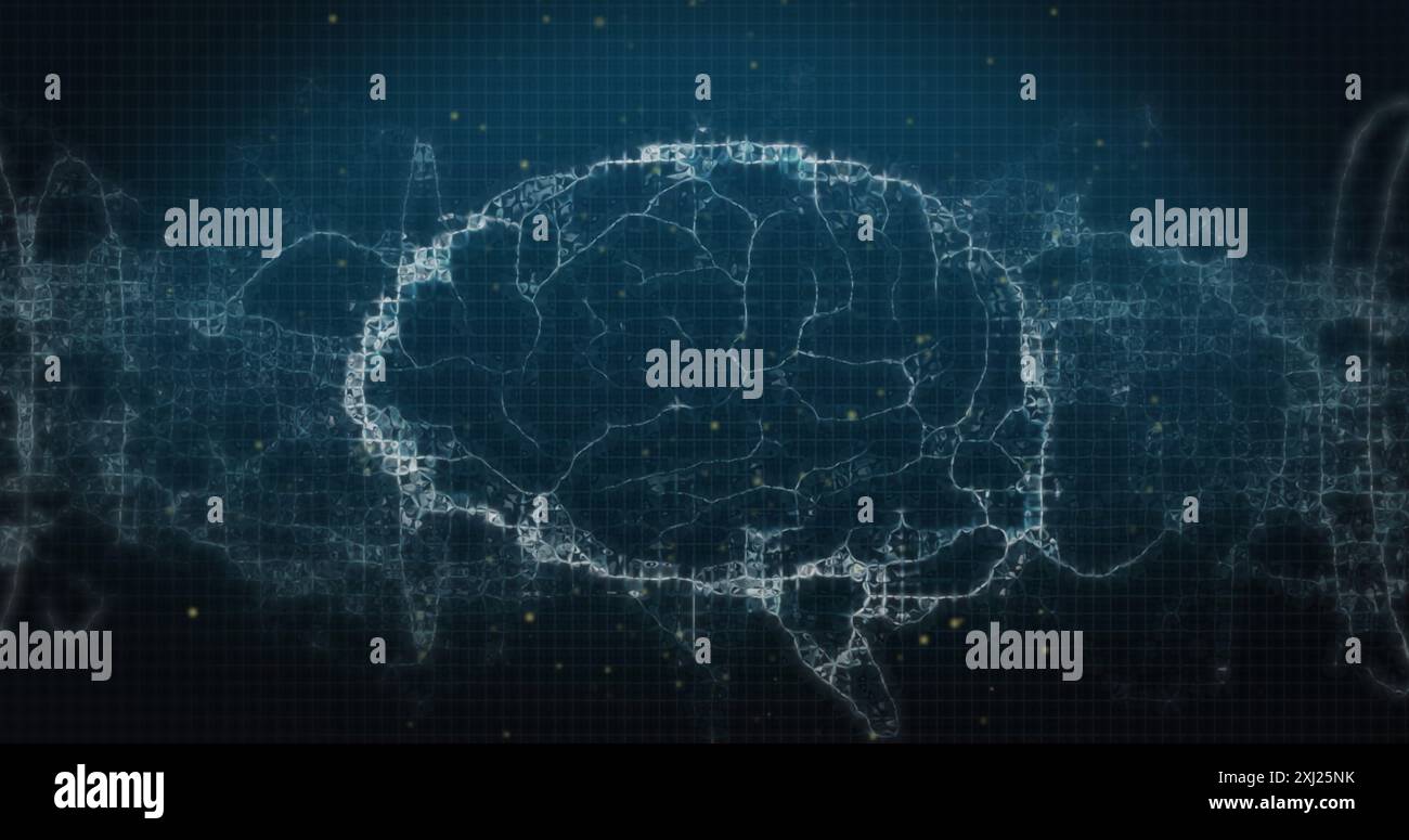 Image of white spots and digital wave over spinning human brain icon on ...
