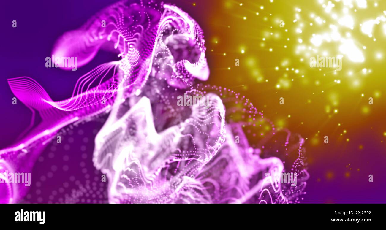 Image of yellow glowing light spots and digital wave against purple ...
