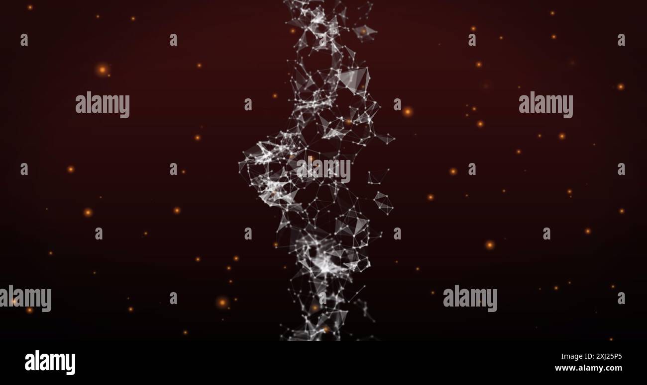 Image of digital wave of plexus networks spinning and glowing orange spots on red background ...