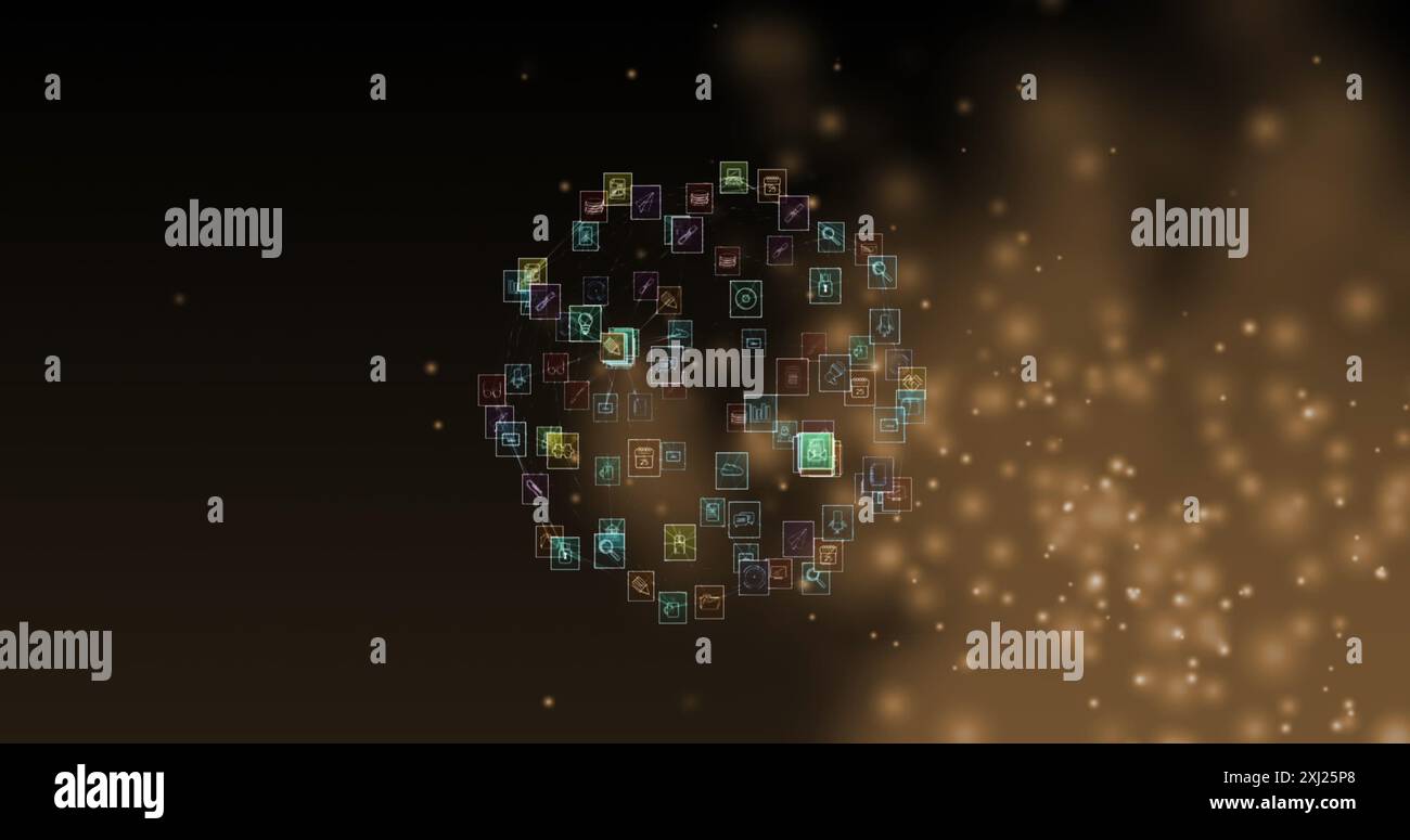 Image of glowing spots floating over globe of digital icons against ...