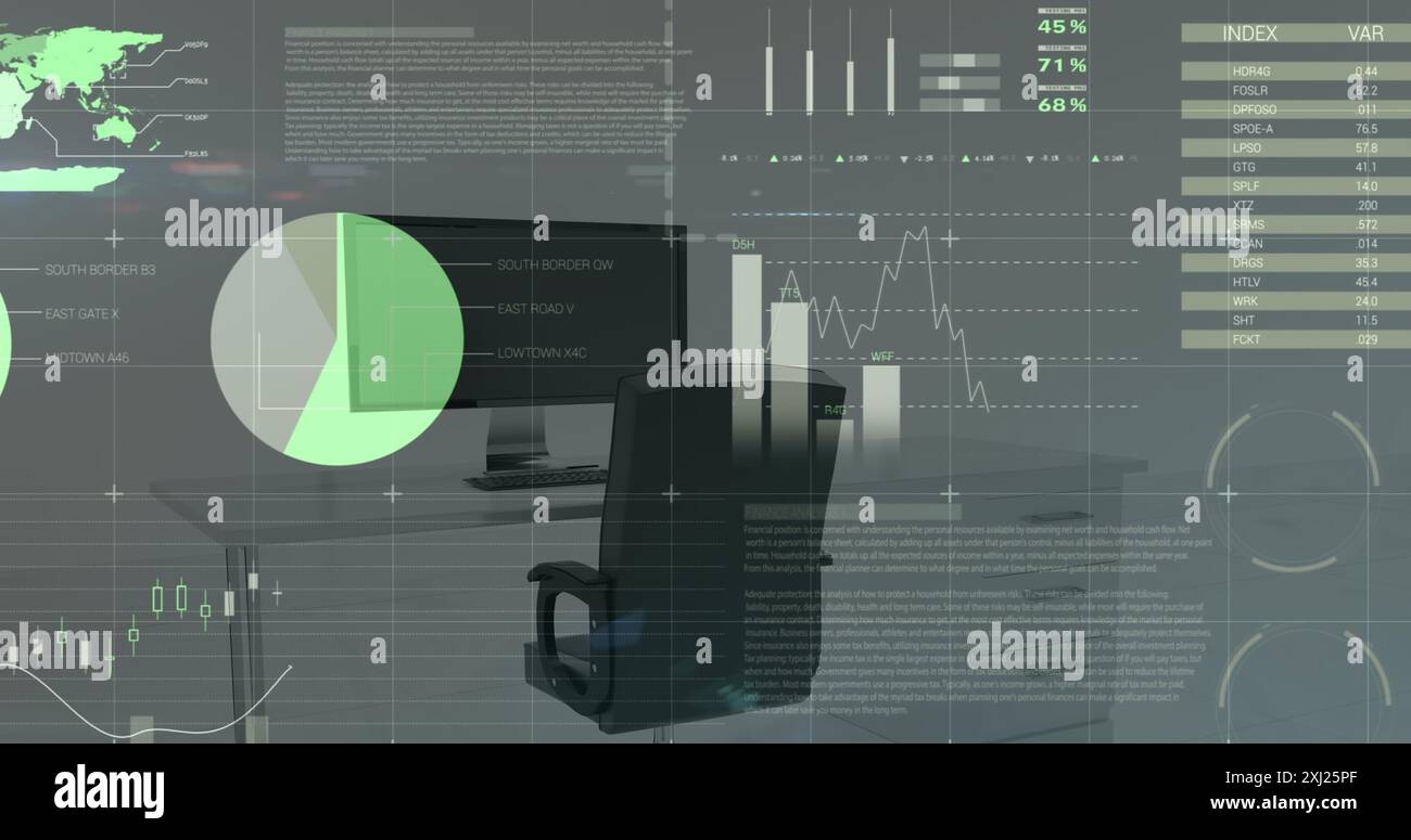 Image of statistical data processing against empty office. Computer interface and business data ...