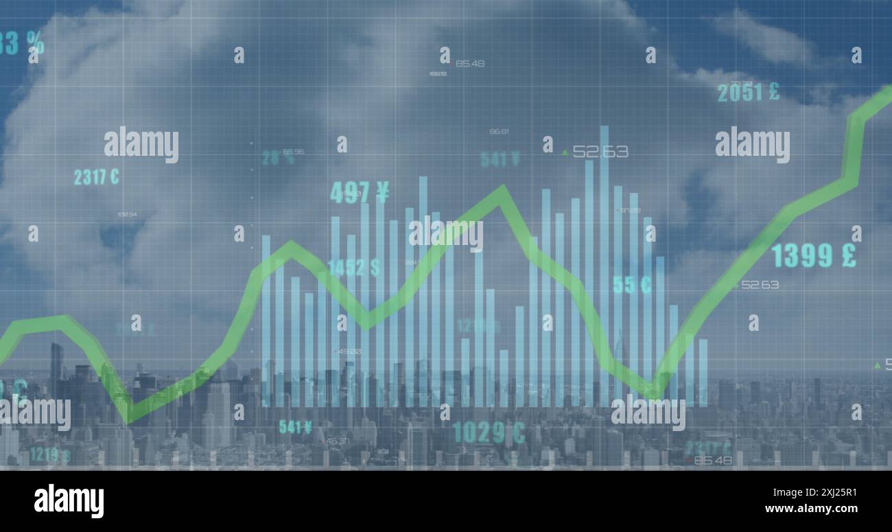 Image of graph, changing numbers with currency symbols over modern ...